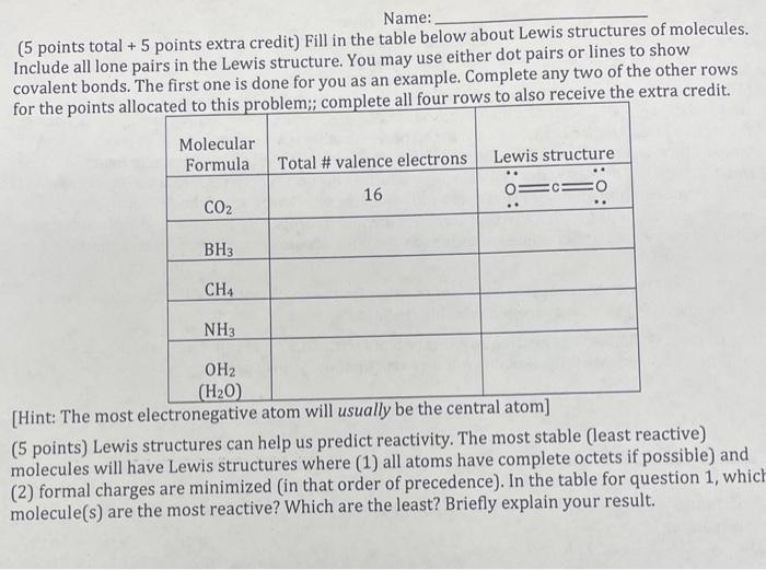 Solved Name: ( 5 points total +5 points extra credit) Fill | Chegg.com