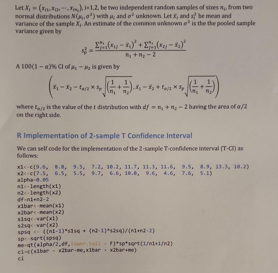 Solved Let Xi=(xi1,xi2,⋯,xini),i=1,2, be two independent | Chegg.com