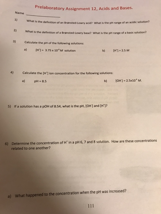 Solved Prelaboratory Assignment 12, Acids and Bases. Name | Chegg.com