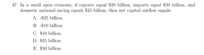 Solved 47. In a small open economy, if exports equal $20 | Chegg.com