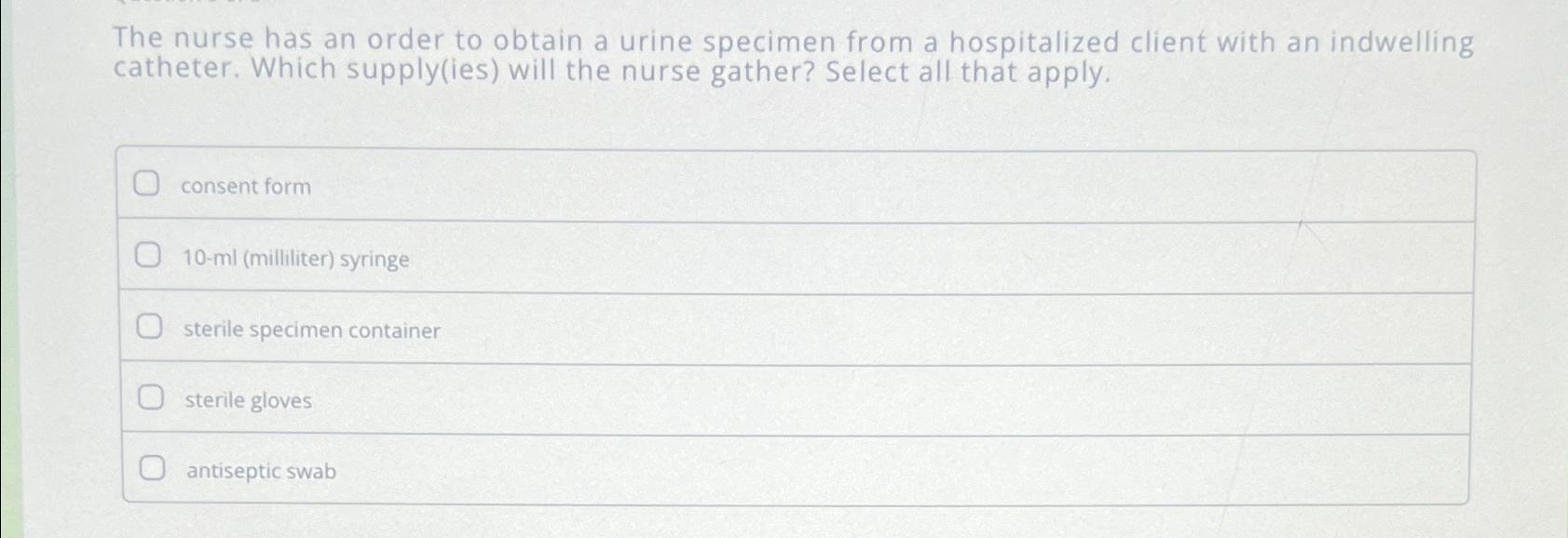 Solved The nurse has an order to obtain a urine specimen | Chegg.com