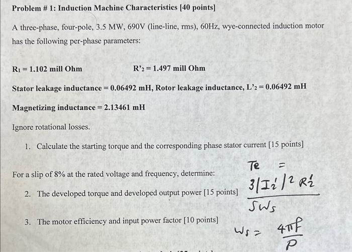 Solved Problem \# 1: Induction Machine Characteristics [40 | Chegg.com