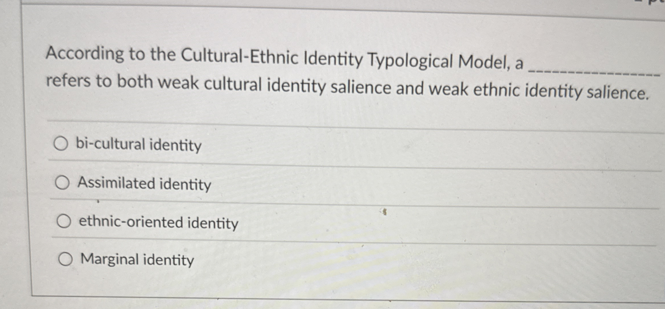 Solved According to the Cultural-Ethnic Identity Typological | Chegg.com
