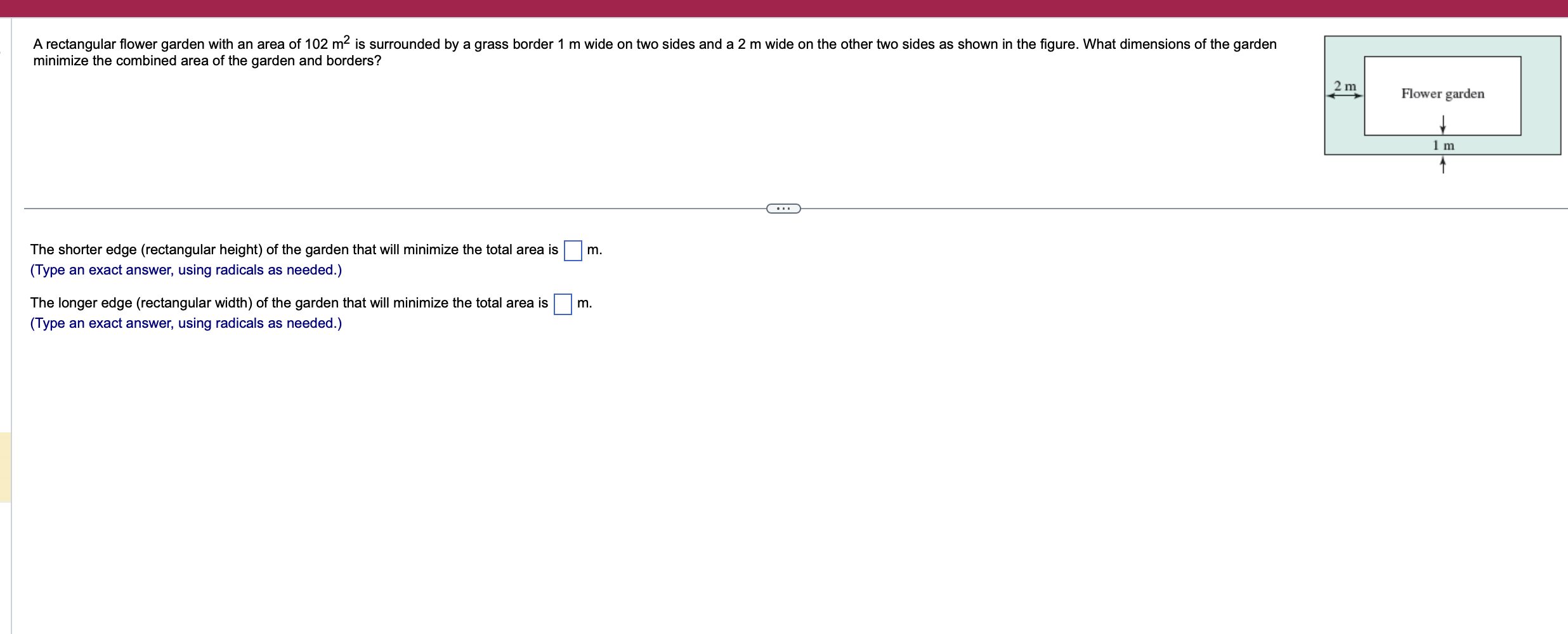 Solved A rectangular flower garden with an area of 102m2 ﻿is | Chegg.com