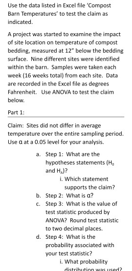 Solved Use the data listed in Excel file 'Compost Barn | Chegg.com