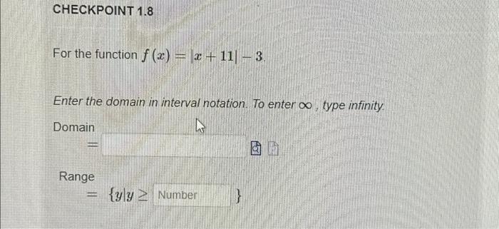 Solved CHECKPOINT 1.8 For the function f(x) = x + 11|– 3, | Chegg.com