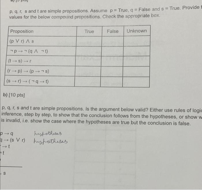 Solved p, q, r, s and t are simple propositions. Assume p = | Chegg.com