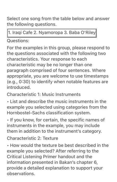 Select one song from the table below and answer the | Chegg.com