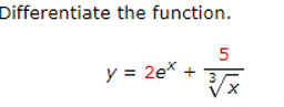 Solved Differentiate the function.y=2ex+5x3 | Chegg.com