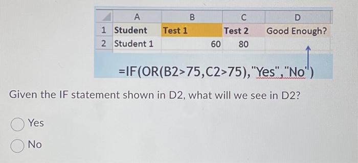 Solved =IF(OR(B2>75,C2>75), "Yes","No") Given the IF | Chegg.com