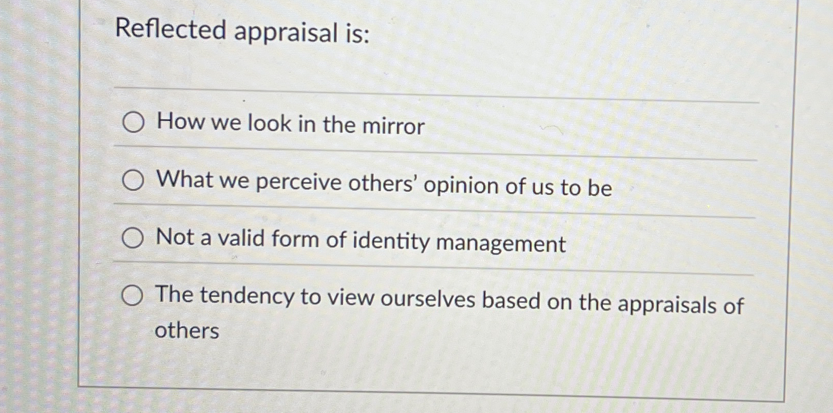 Solved Reflected appraisal is:How we look in the mirrorWhat | Chegg.com