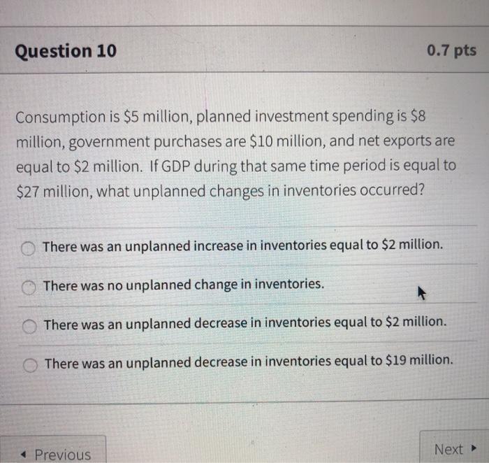 Solved Question 10 0.7 pts Consumption is $5 million, | Chegg.com