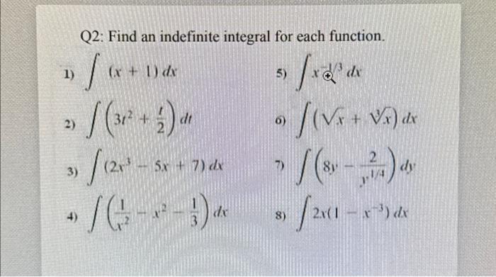 Solved Q2: Find an indefinite integral for each function. 1) | Chegg.com