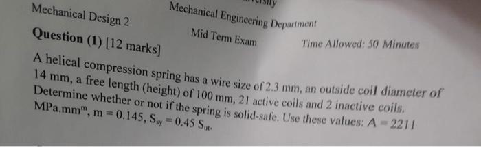 Solved Mechanical Engineering Department Mechanical Design 2 | Chegg.com