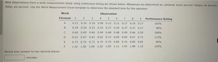 Solved Nine observations from a work measurement study using | Chegg.com