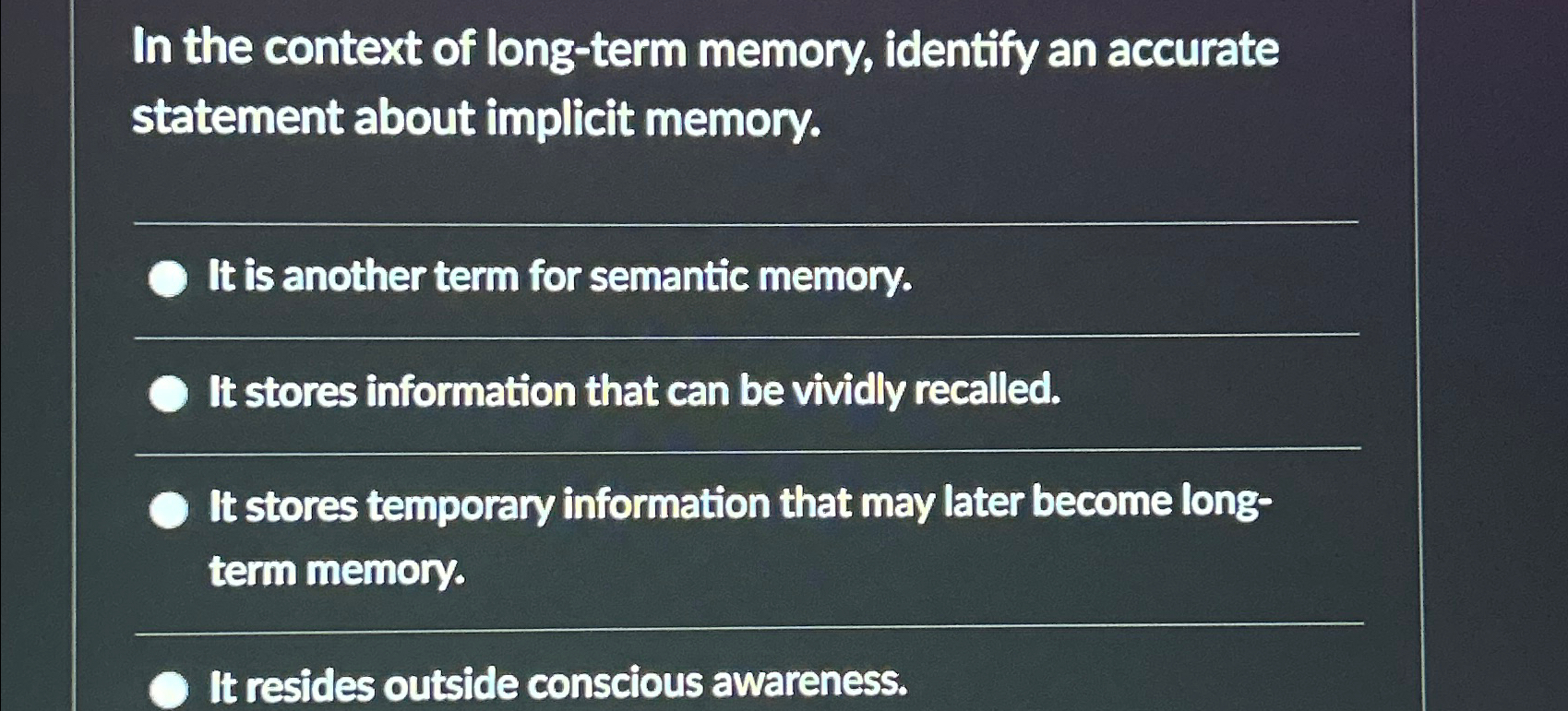 Solved In the context of long-term memory, identify an | Chegg.com