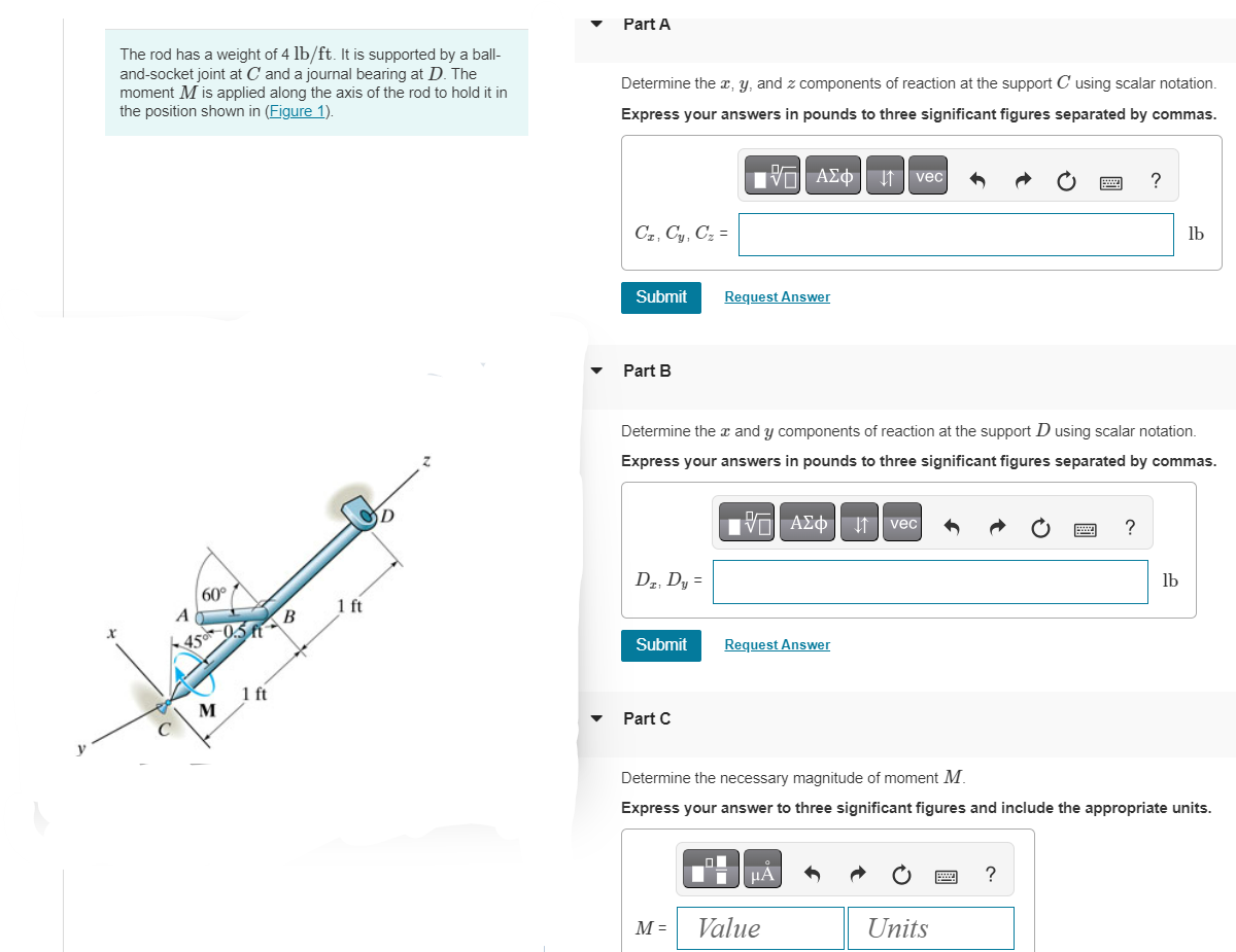 Solved Determine the x,y, ﻿and z ﻿components of reaction at | Chegg.com