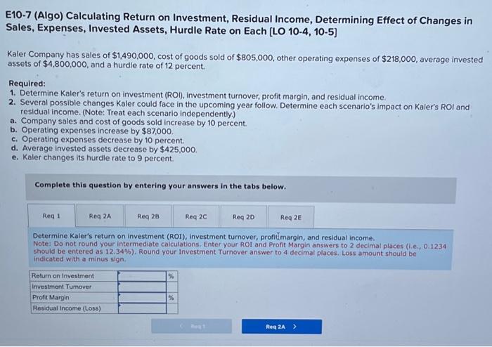 Solved E10-7 (Algo) Calculating Return on Investment, | Chegg.com