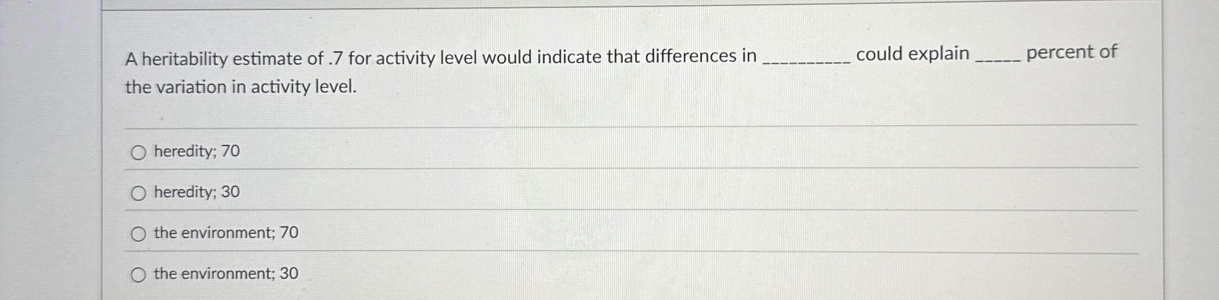 Solved A heritability estimate of .7 ﻿for activity level | Chegg.com