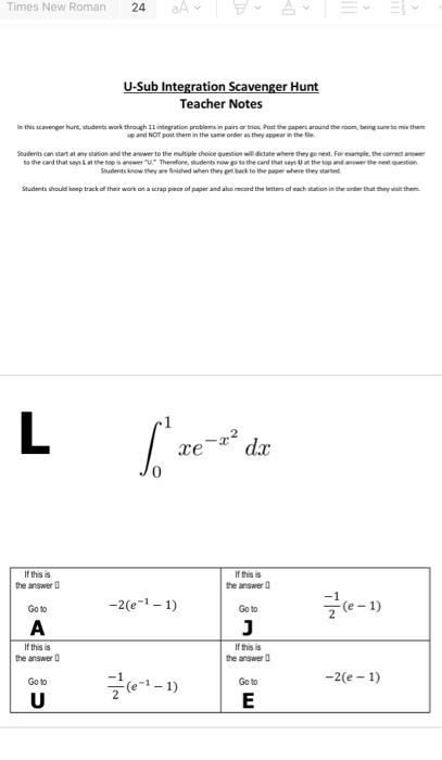 Solved Times New Roman 24 U-Sub Integration Scavenger Hunt | Chegg.com