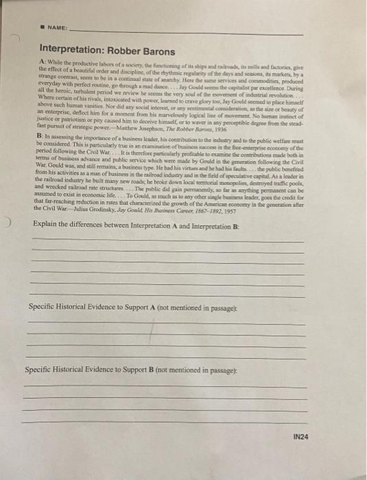 NAME: Interpretation: Robber Barons A: While the | Chegg.com