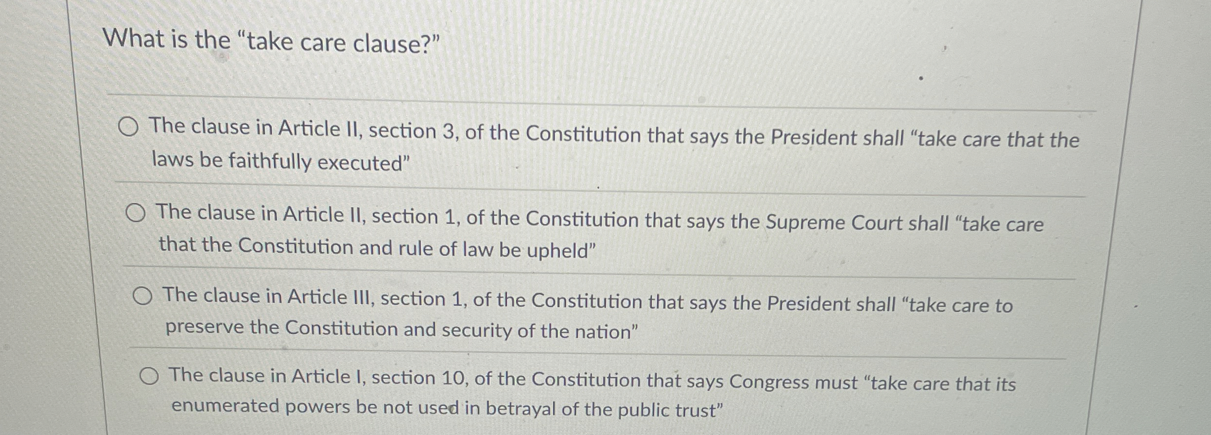 Solved What is the "take care clause?"The clause in Article | Chegg.com