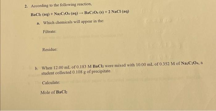 Solved 2. According to the following reaction, BaCl2 (aq) | Chegg.com