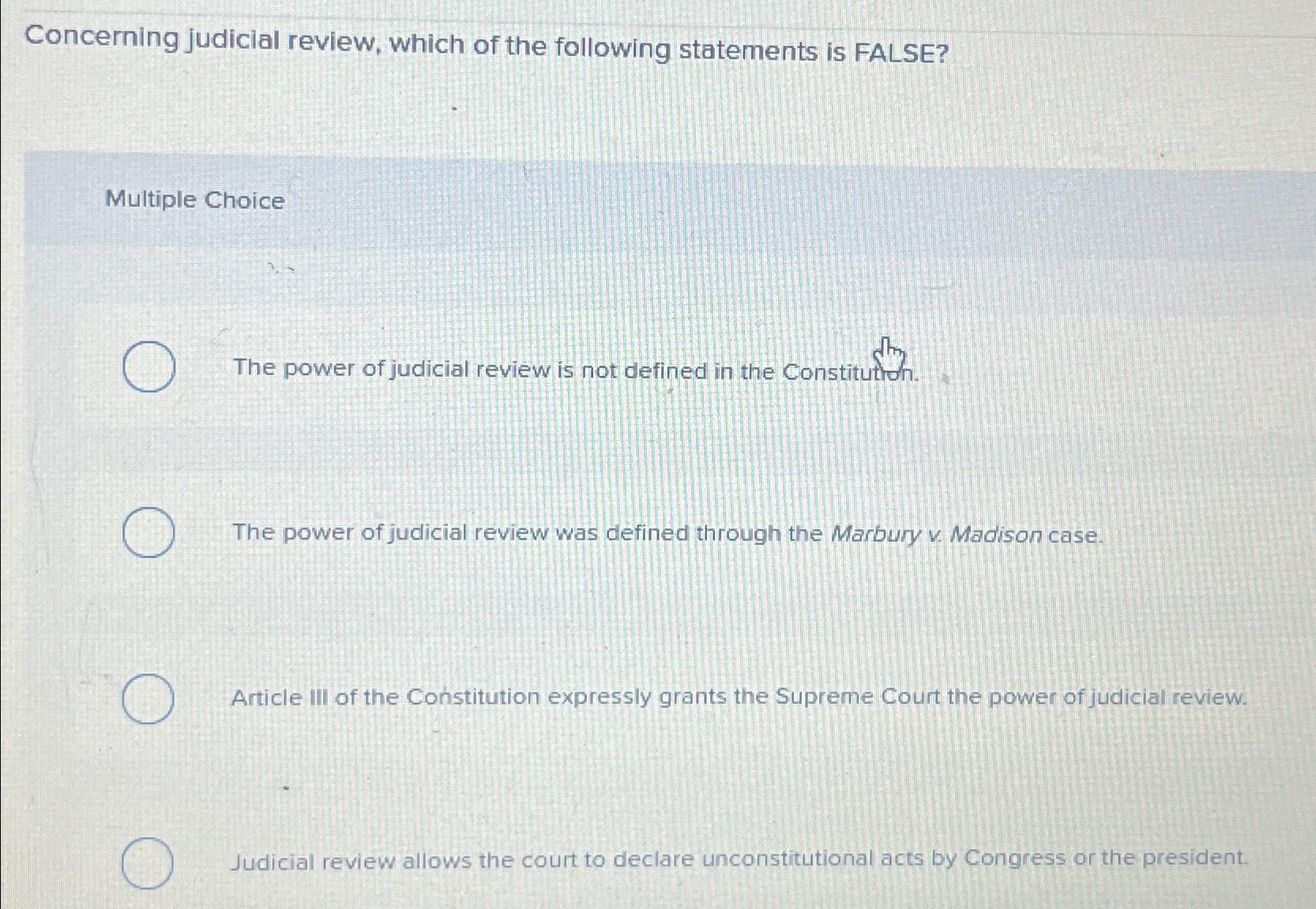 Solved Concerning judicial review, which of the following | Chegg.com