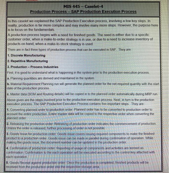 Solved MIS 445 -Caselet-4 Production Process - SAP | Chegg.com