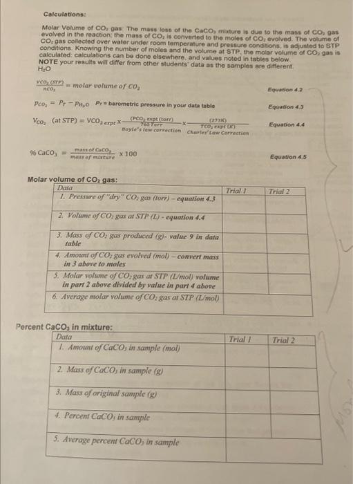 Solved Calcutations: Molar Volume of CO3 gas. The mass loss | Chegg.com