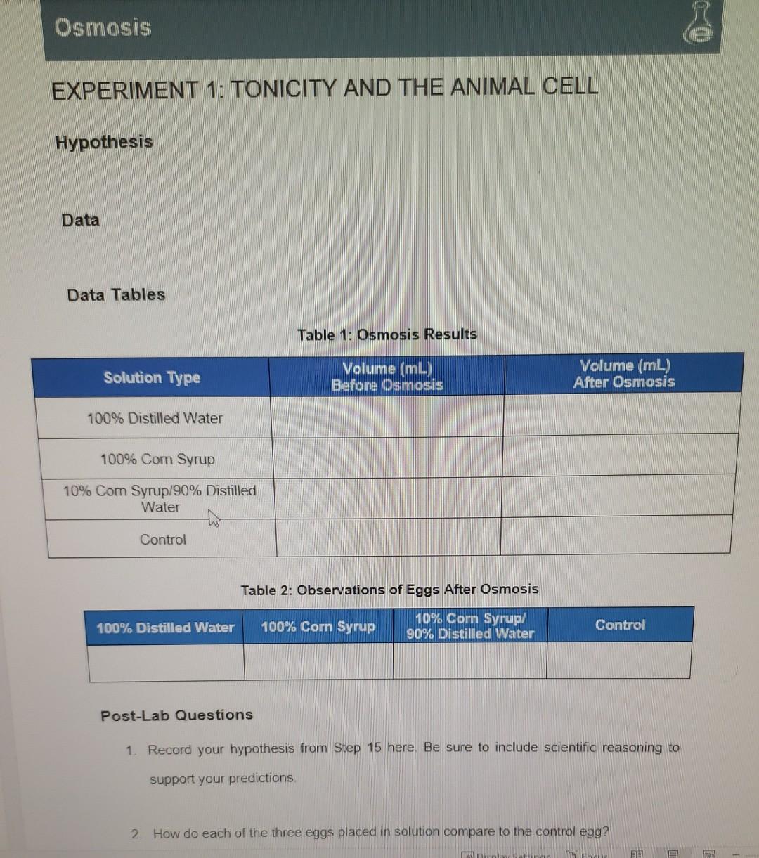 Solved Osmosis EXPERIMENT 1: TONICITY AND THE ANIMAL CELL | Chegg.com