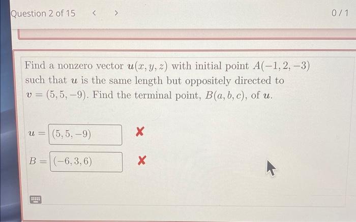 Solved Find a nonzero vector u(x,y,z) with intial point | Chegg.com