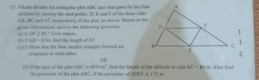 Solved Vikash divides his triangular plot ABC into four | Chegg.com