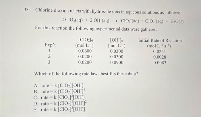 Solved 3. Chlorine dioxide reacts with hydroxide ions in | Chegg.com