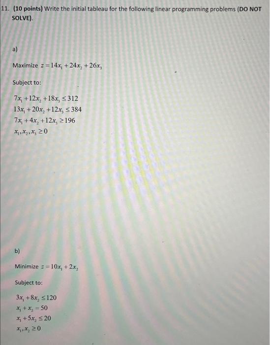 Solved 1. (10 points) Write the initial tableau for the | Chegg.com