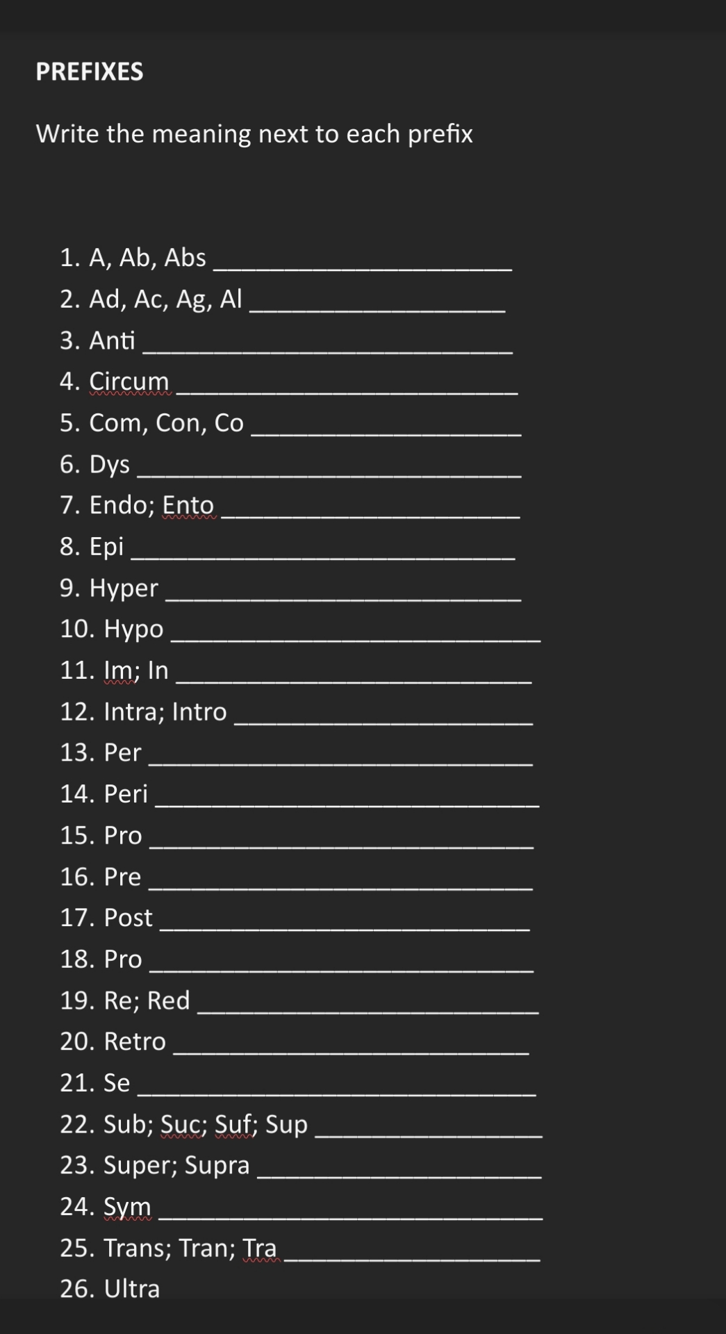 Solved PREFIXESWrite the meaning next to each prefixA, ﻿Ab, | Chegg.com