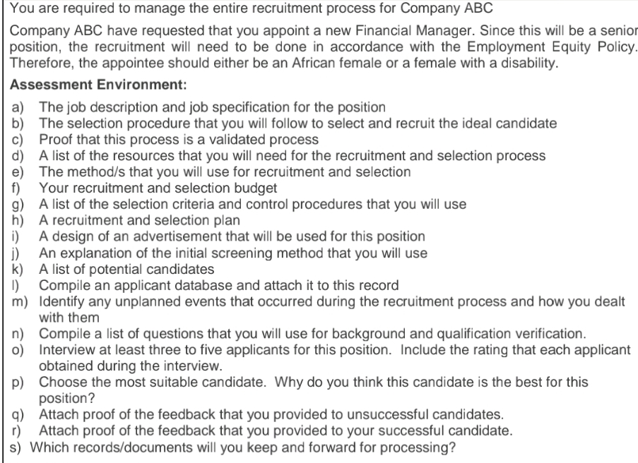 Solved You are required to manage the entire recruitment | Chegg.com