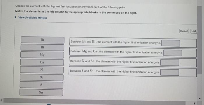 Solved Choose the element with the highest first lonization | Chegg.com