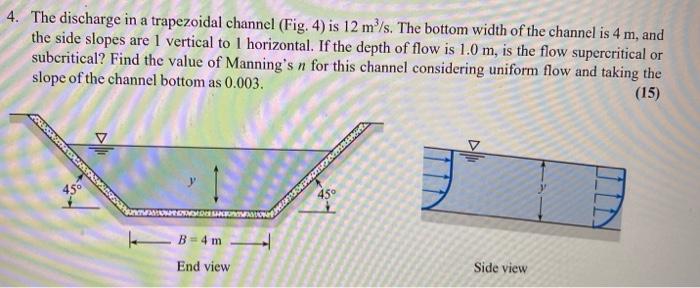 Solved 4. The discharge in a trapezoidal channel (Fig. 4) is | Chegg.com