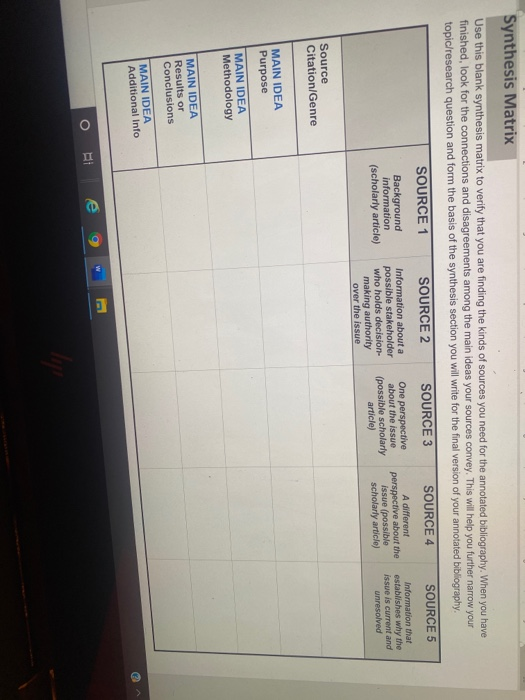 Synthesis Matrix Use this blank synthesis matrix to | Chegg.com