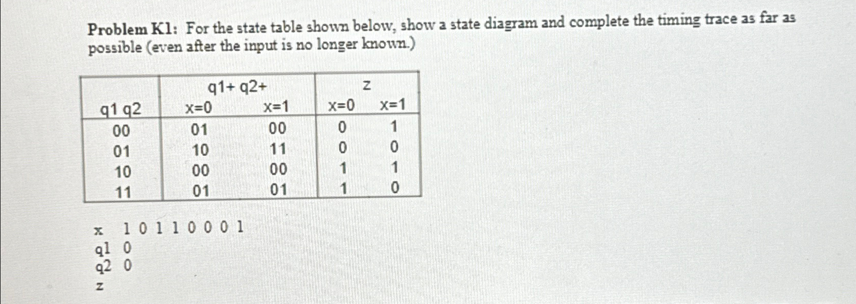 Solved Problem Kl: For the state table shown below, show a | Chegg.com