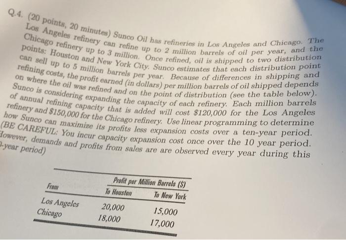 Q.4. (20 points, 20 minutes) Los Angeles refinery cun | Chegg.com Q.4. (20 points, 20 minutes) Los Angeles refinery cun | Chegg.com