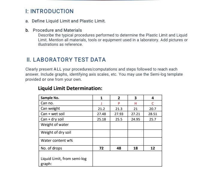 Solved I: INTRODUCTION a. Define Liquid Limit and Plastic | Chegg.com