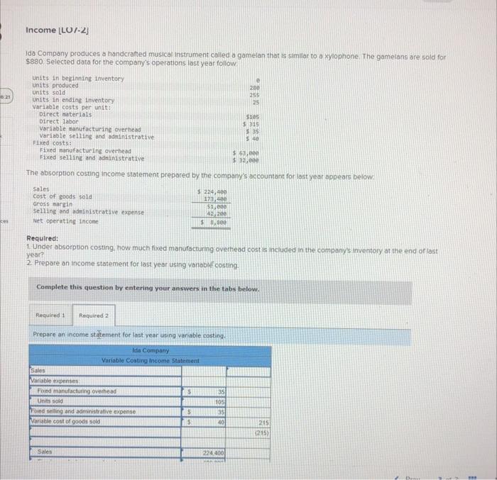 Solved 6:21 Income [LU7-2] Ida Company produces a | Chegg.com