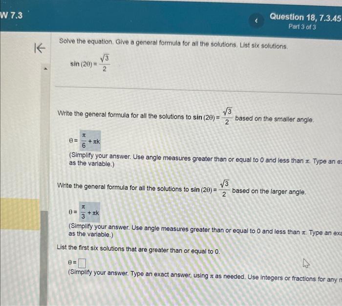 Solved Solve the equation. Give a general formula for all | Chegg.com