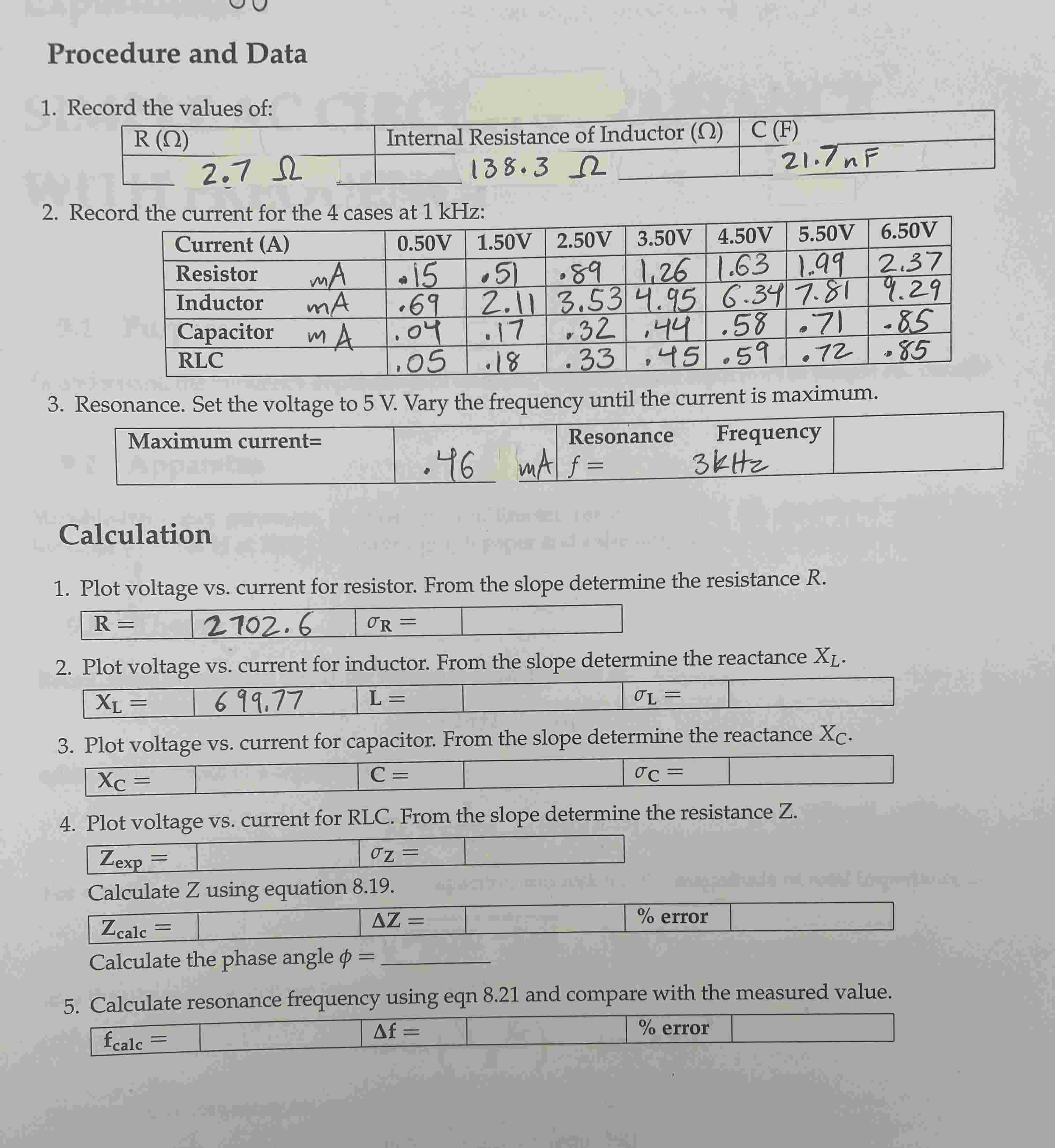 Solved Experiment 8 ﻿Simple AC ﻿CircuitsNeed help with | Chegg.com