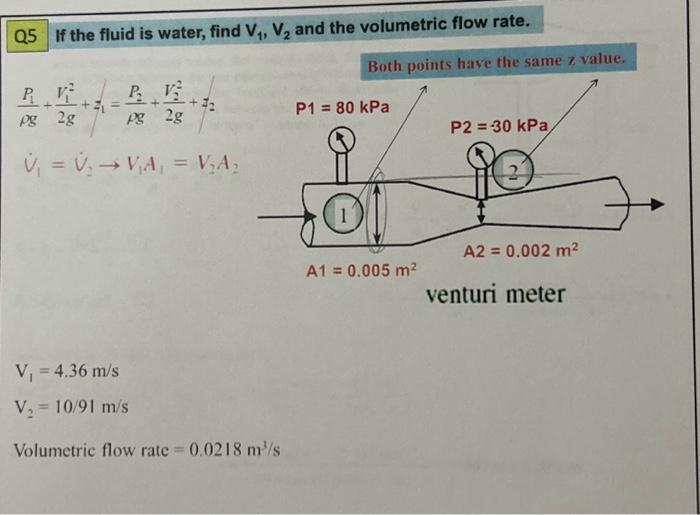 Solved Q5 If the fluid is water, find V1,V2 and the | Chegg.com