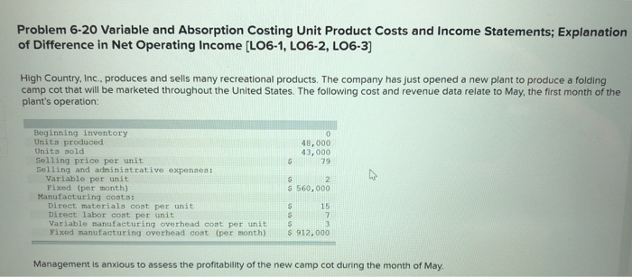 Solved Problem 6-20 Variable and Absorption Costing Unit | Chegg.com