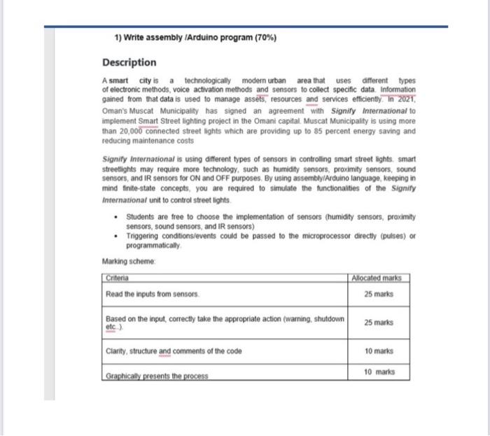 Solved 1) Write assembly Arduino program (70%) Description A | Chegg.com