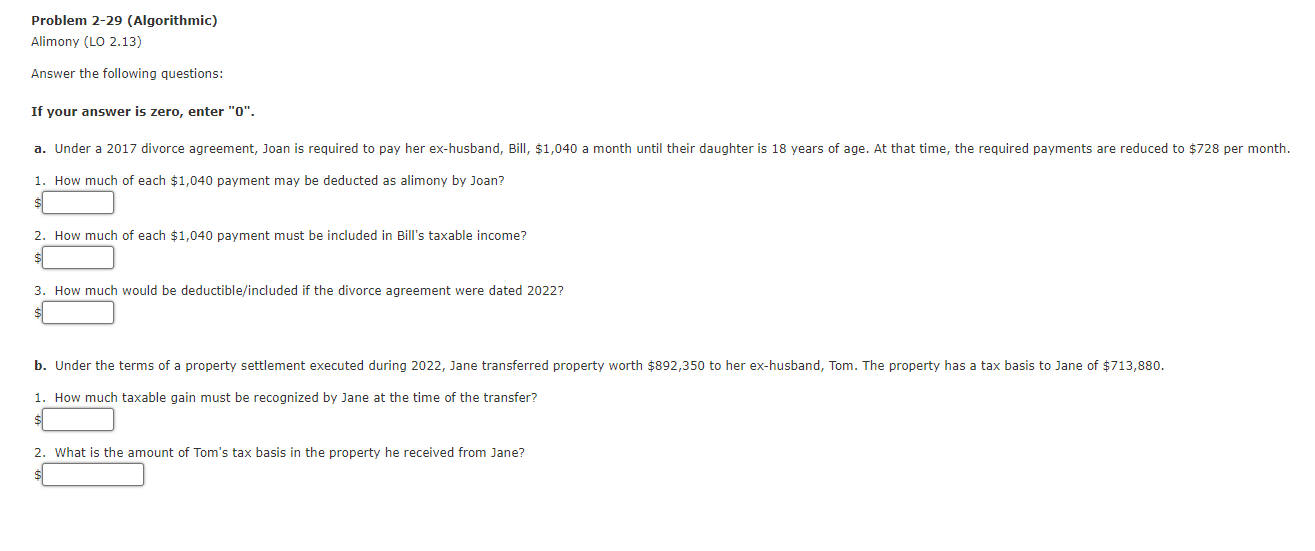 Solved Problem 2-29 (Algorithmic)Alimony (LO 2.13)Answer the | Chegg.com